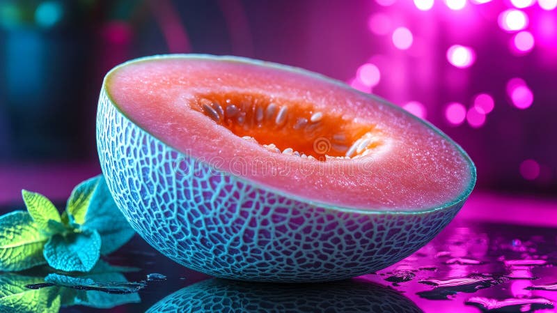 Melon Showcasing Geometric Patterns with Vibrant Lighting and Colorful ...
