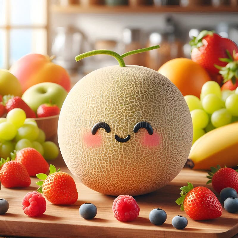 A Melon with a Smiling Face, Surrounded by Grapes, Bananas, and Fresh ...