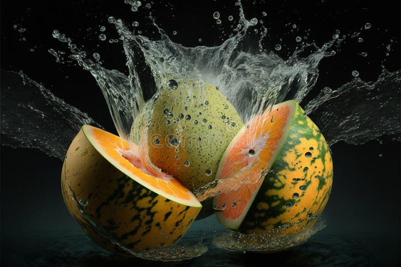 Melon Splashed or Thrown in Water. Water Splash Fresh Fruit Creative ...