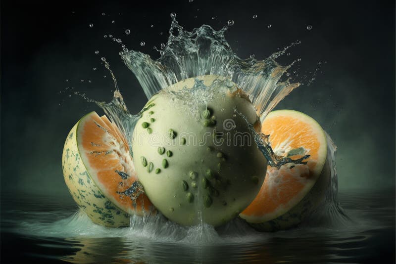 Melon Splashed or Thrown in Water. Water Splash Fresh Fruit Creative ...