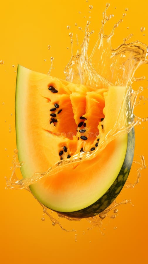 Melon in Splashes of Water and Melon Juice on a Yellow Background Stock ...