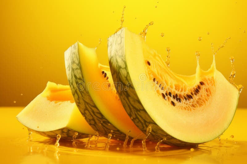 Melon in Splashes of Water and Melon Juice on a Yellow Background Stock ...