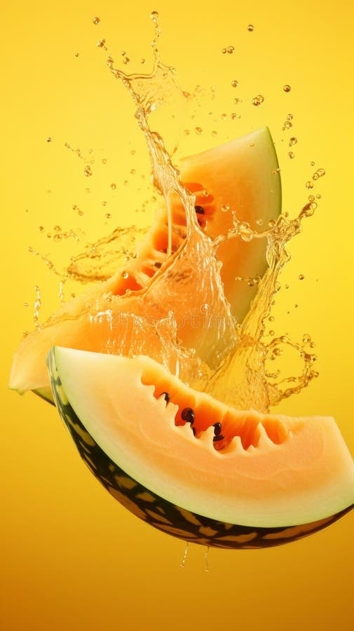 Melon in Splashes of Water and Melon Juice on a Yellow Background Stock ...