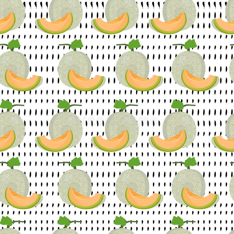Melon Slice Seamless Pattern on White Background with Seed, Fresh Cantaloupe Melon Pattern ...