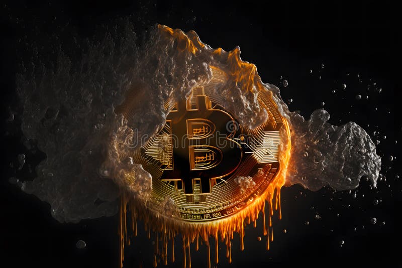 Burning Bitcoin on Fire Flame on Black Background. Neural Network ...