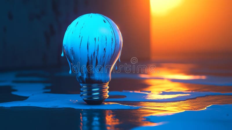 Melted Blue Bulb on Wet Floor with Dramatic Sunset. Innovation and ...
