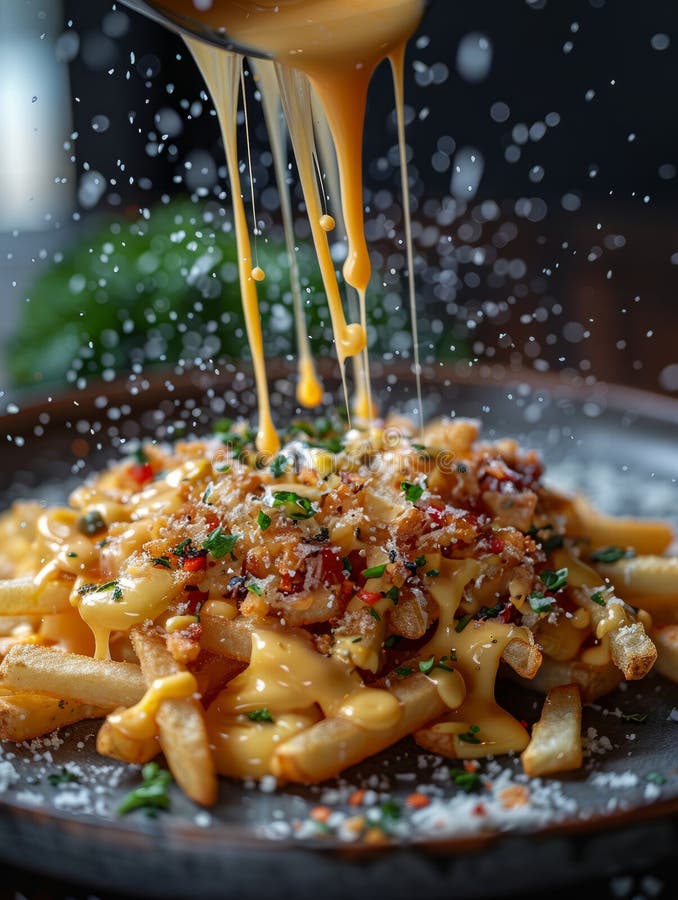 Melted Cheese Dripping Onto Loaded Fries with Garnish. Stock Image ...