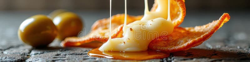 Melted Cheese Dripping Over Crispy Bacon Strips with Green Olives on ...