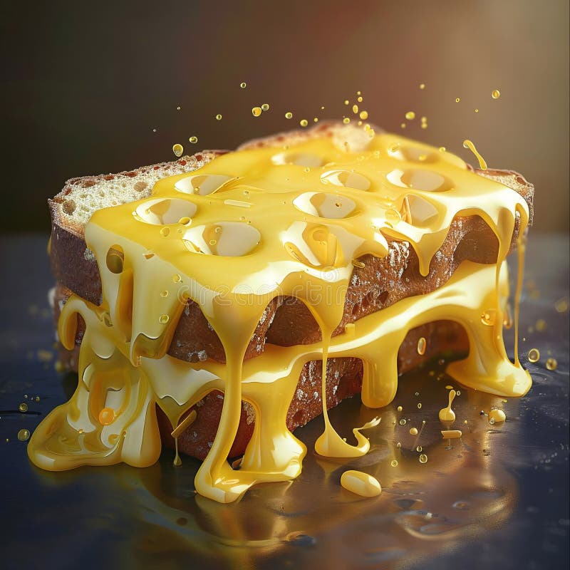 Melted Cheese Drips Off a Cheese Sandwich, Creating a Reflective ...
