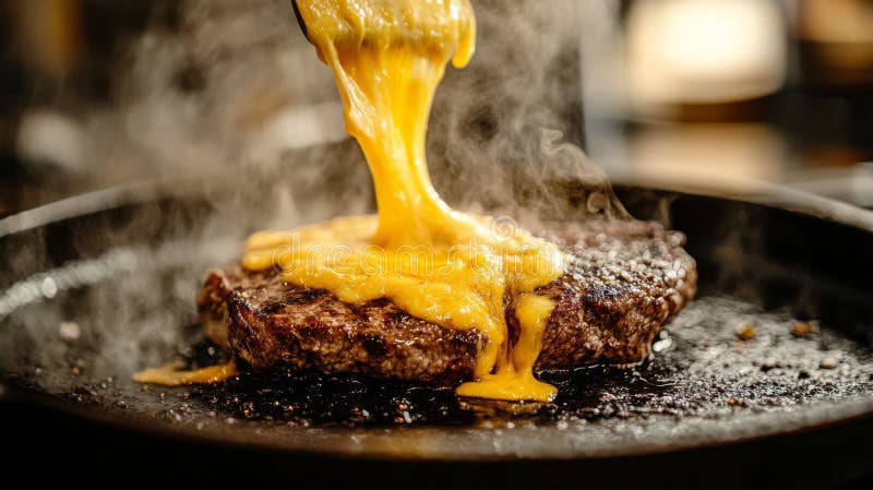 Melted Cheese Drizzled Over a Sizzling Burger in a Cast Iron Skillet ...