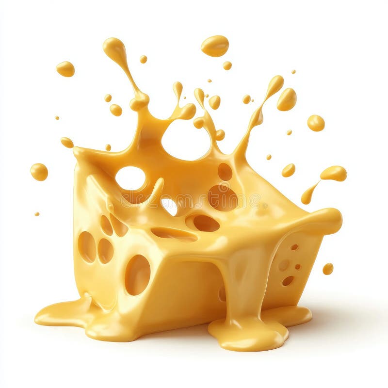 Delicious Melted Swiss Cheese Block Splashing, Isolated on White Stock ...