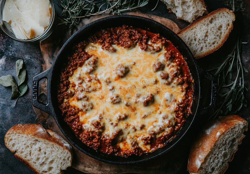Melted Cheese & Ground Beef Dish with Rustic Bread Stock Illustration ...