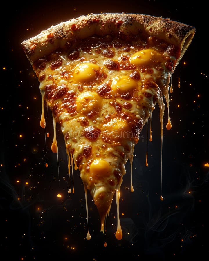 Melted Cheese Pizza Slice Dripping on Black Background Stock ...