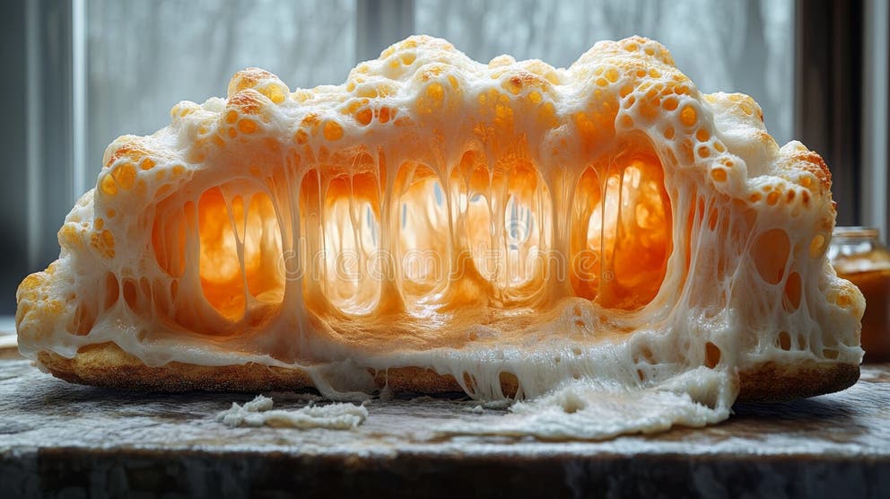 Melted Cheese Pull Inside Fresh Bread Loaf on Rustic Table Near Window ...
