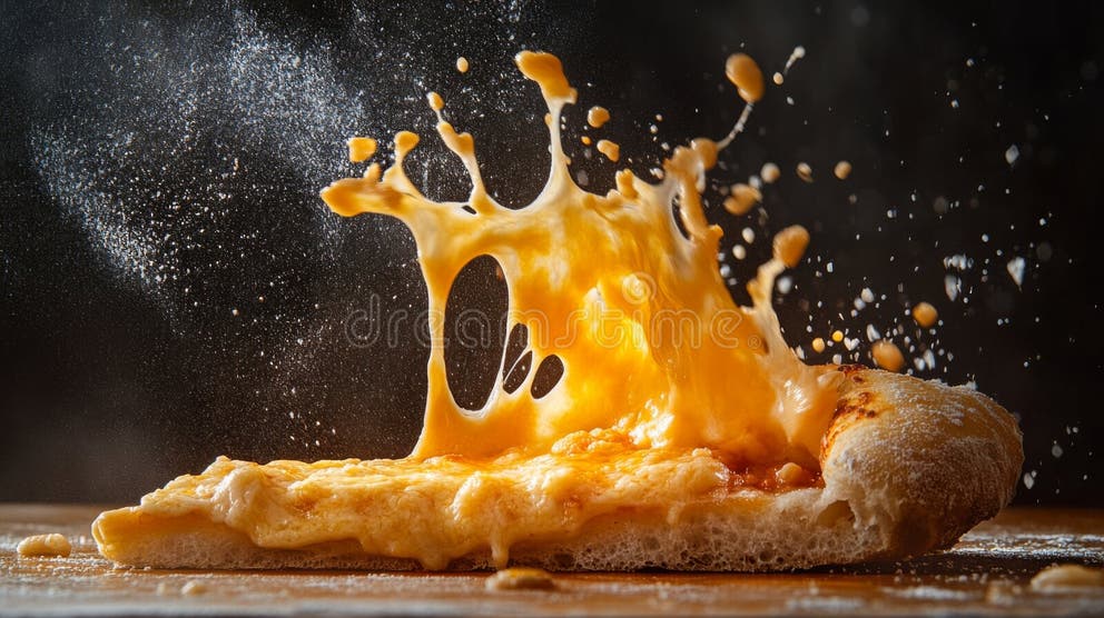 Melted Cheese Splashing from a Pizza Slice Stock Photo - Image of ...