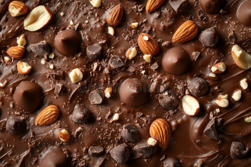 Melted Chocolate Bar Surface with Almonds and Chocolate Chips Forming ...