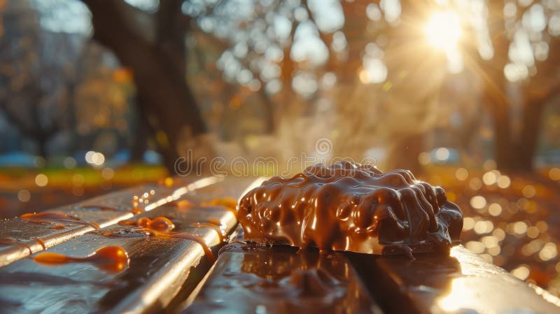 Melted Chocolate Candy on a Park Bench in Autumn Sunlight. Stock Image ...