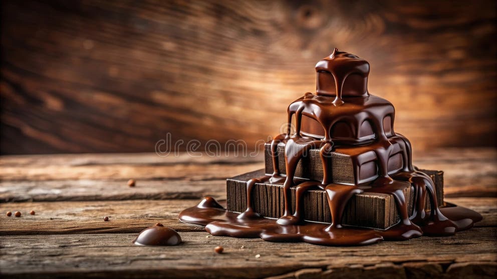 Melted Chocolate Cascading Over a Stack of Rich Dark Chocolate Squares ...
