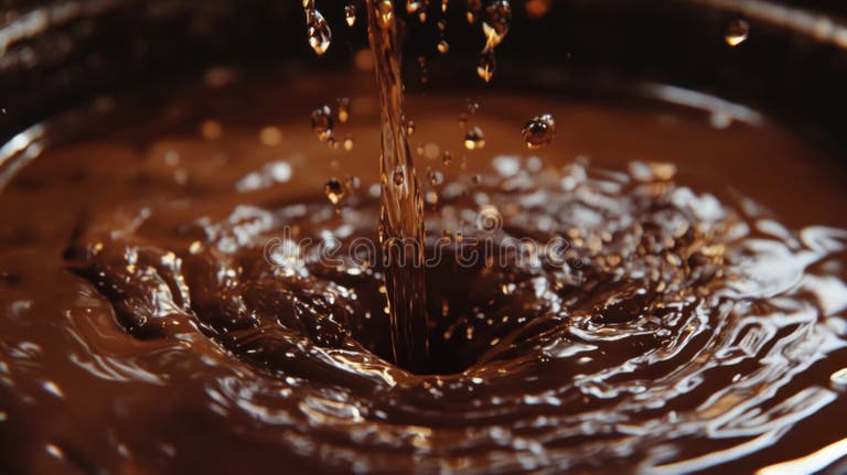 Melted Chocolate Flowing into a Bowl Creating Ripples Stock ...