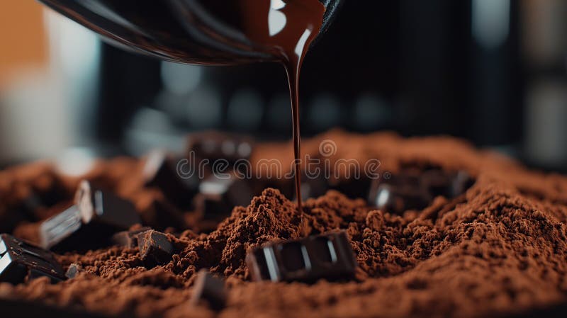 Melted Chocolate Poured Onto Cocoa Powder & Chunks Stock Photo - Image ...