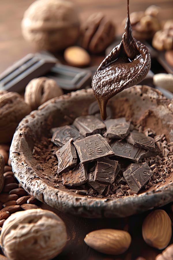 Melted Chocolate Pouring into Bowl with Chocolate Chunks, Cocoa Powder ...