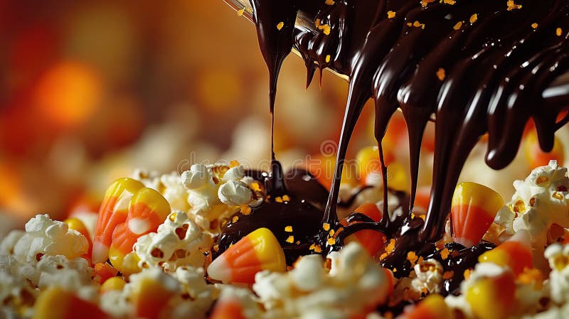 Melted Chocolate Pouring Over Popcorn and Candy Corn Stock Image ...