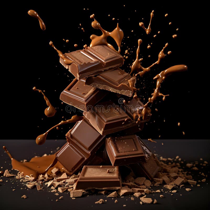 Melted Chocolate Splashing Ate on a Dark Background. Falling Pieces of ...