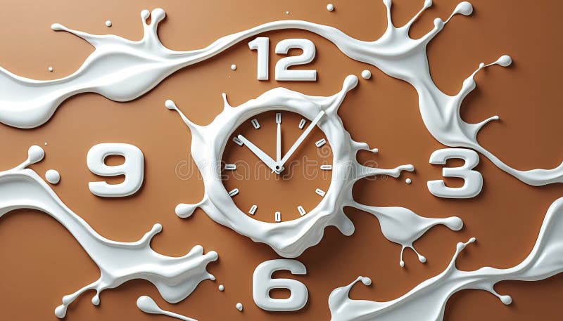 Melted Clock with Milk Splash and Brown Background Art Stock Photo ...