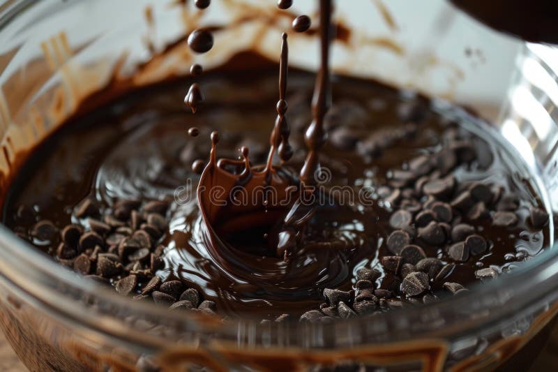 Melted Dark Chocolate Pouring into Bowl and Splashing with Chocolate ...