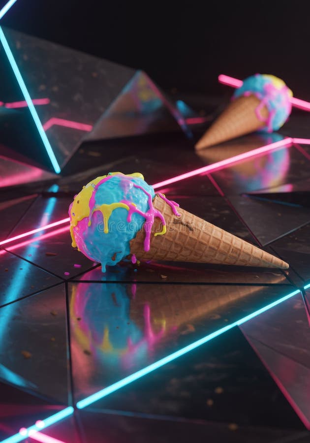 Melted Ice Cream Cone on Neon Geometric Surface Stock Illustration ...
