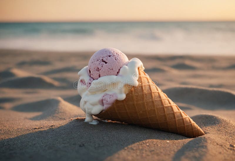 Melted Ice Cream Cone on Sandy Beach at Sunset Stock Image - Image of ...