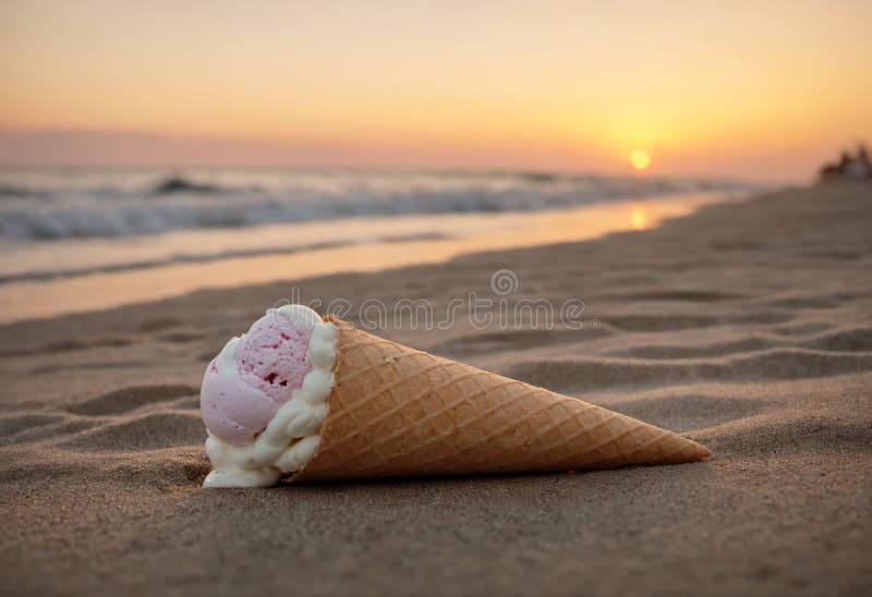 Melted Ice Cream Cone on Sandy Beach at Sunset Stock Image - Image of ...