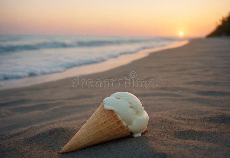Melted Ice Cream Cone on Sandy Beach at Sunset Stock Image - Image of ...