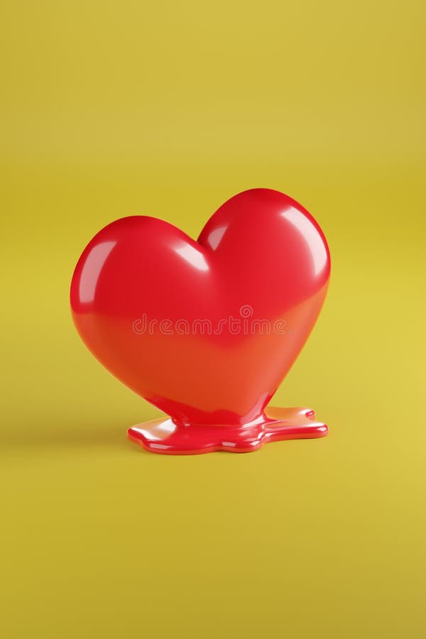 Melted Red Heart Isolated on Yellow Background. 3d Illustration Stock ...