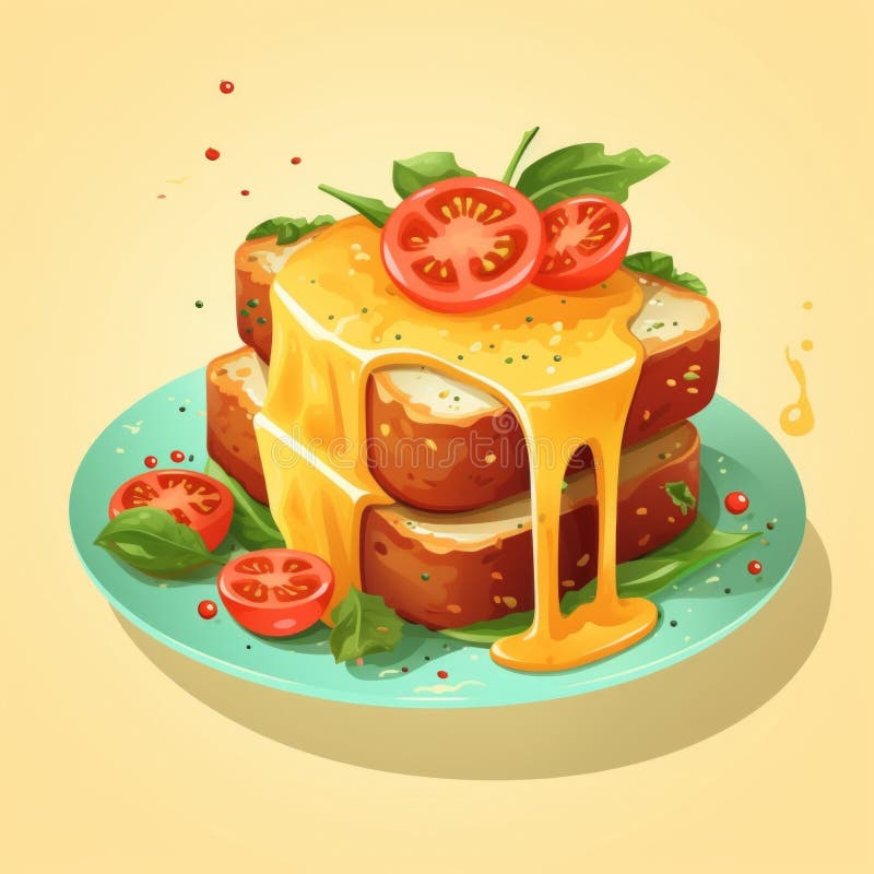 Melted Yellow Cheese, Tomato and Salad Toast Illustration. Stock ...