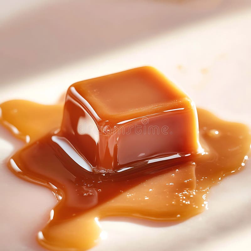 Melting Caramel Cube in Golden Puddle on White Surface Stock ...