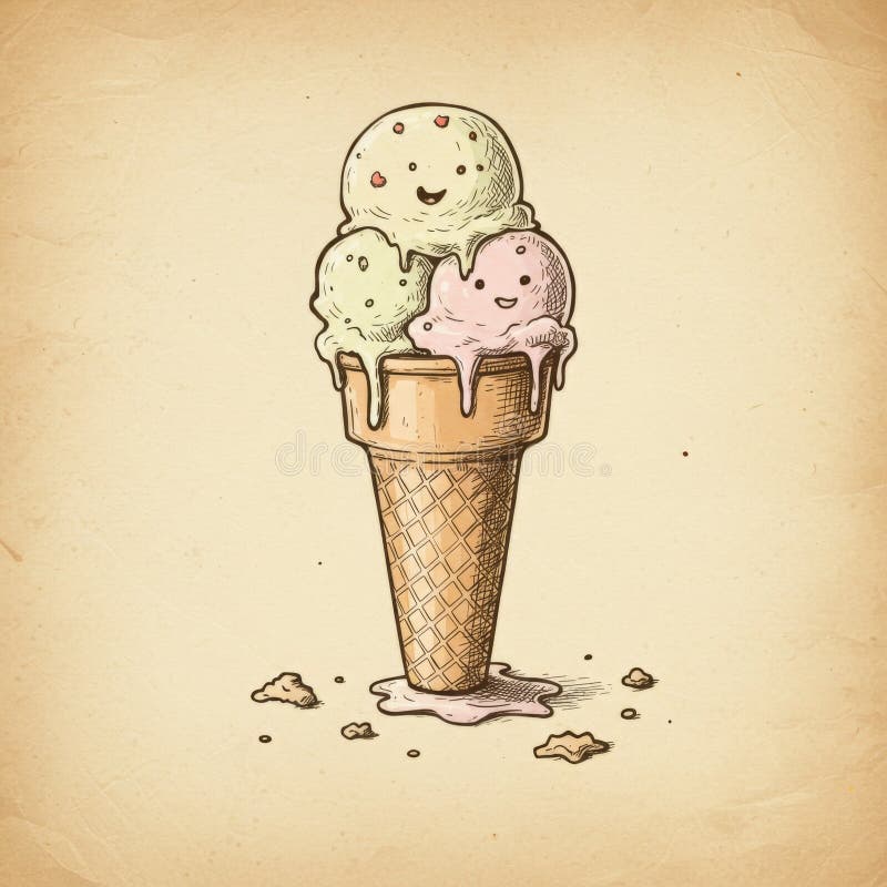 Melting Cartoon Ice Cream Cone with Pastel Scoops Stock Illustration ...