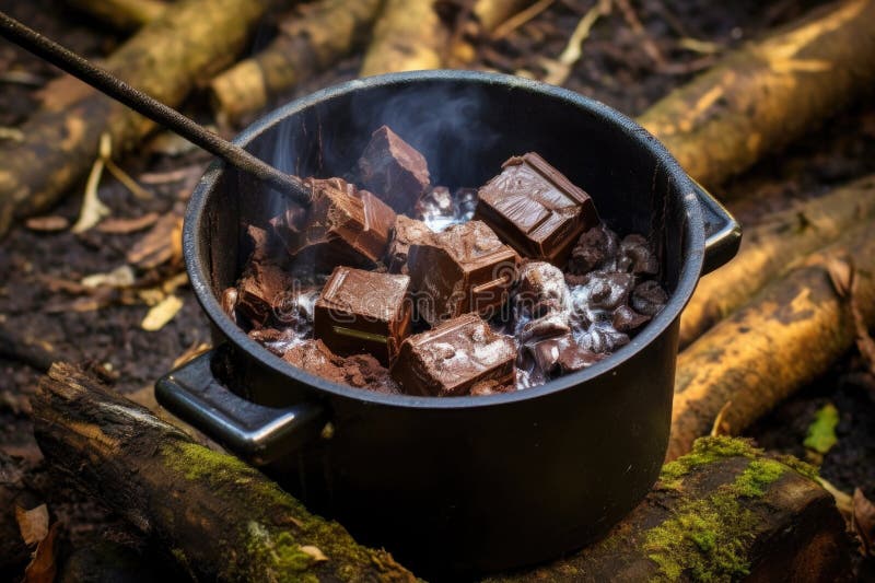 Melting Chocolate Chunks in a Pot Over Open Campfire Stock Illustration ...