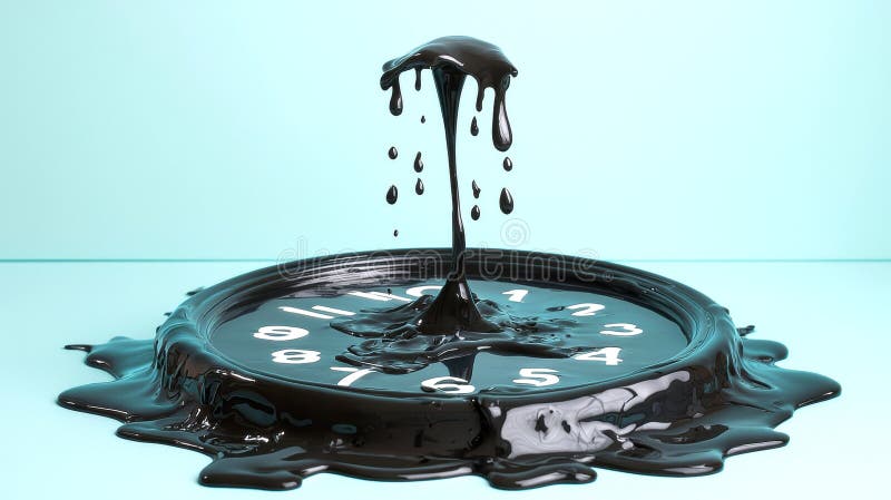 Melting Clock with Liquid Black Substance on Turquoise Background Stock ...