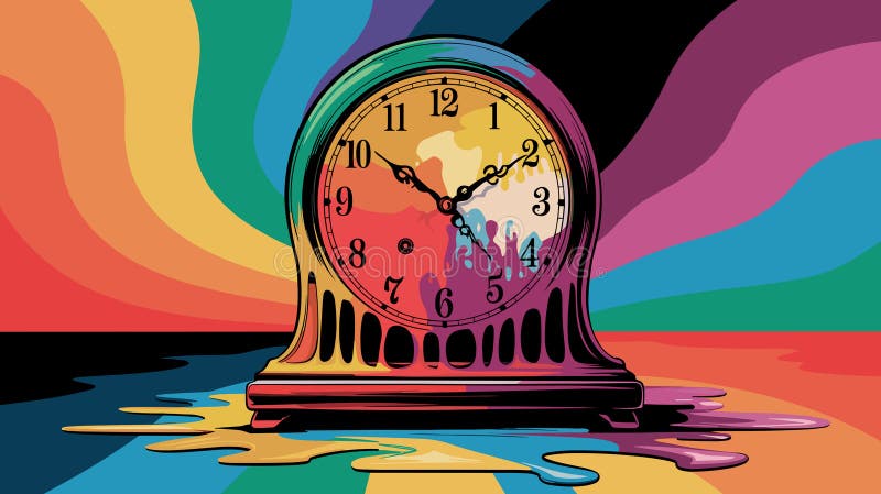 Melting Clock with Numbers and Hands Blending into Abstract Colors ...