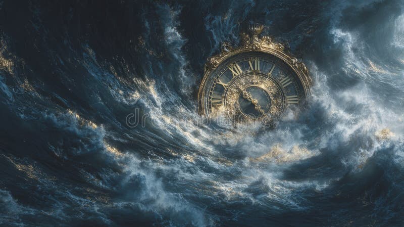 Melting Clock Over Dark Ocean Waves, Symbolizing Loss of Time and ...