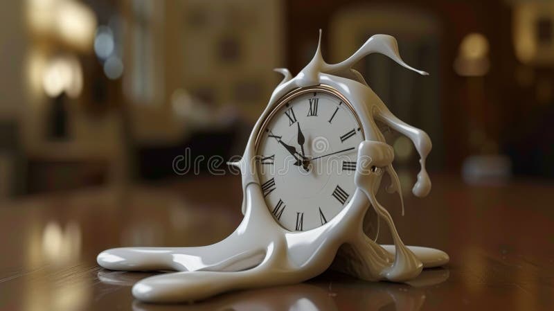 Melting Clock Sculpture on a Wooden Surface in a Surreal Setting Stock ...