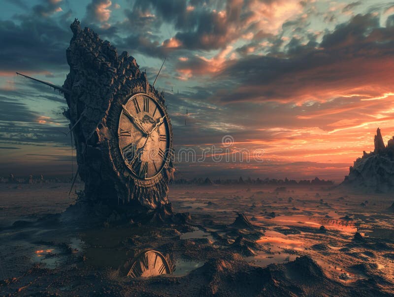 Melting Clock in Surreal Landscape, Dusk Light, Wide Angle, Deep ...