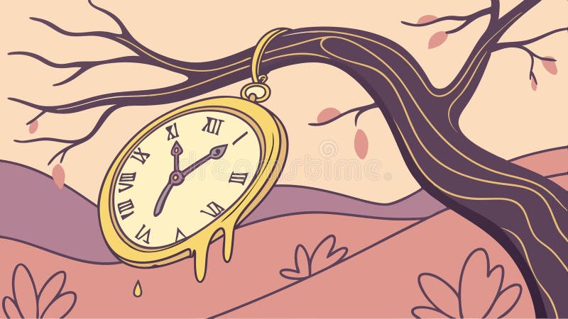 Melting Clock on Tree Branch, Surreal Time Concept Vector Design ...
