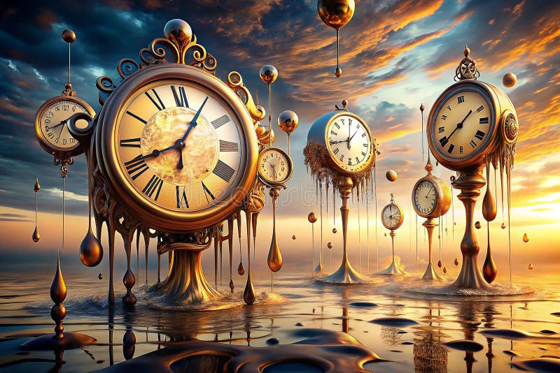 Melting Clocks, Surreal Sunset, Liquid Time, Fantasy Stock Illustration ...