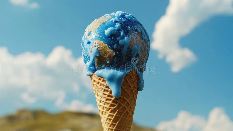 Melting Earth-shaped Ice Cream Cone Under Clear Blue Sky. Climate ...