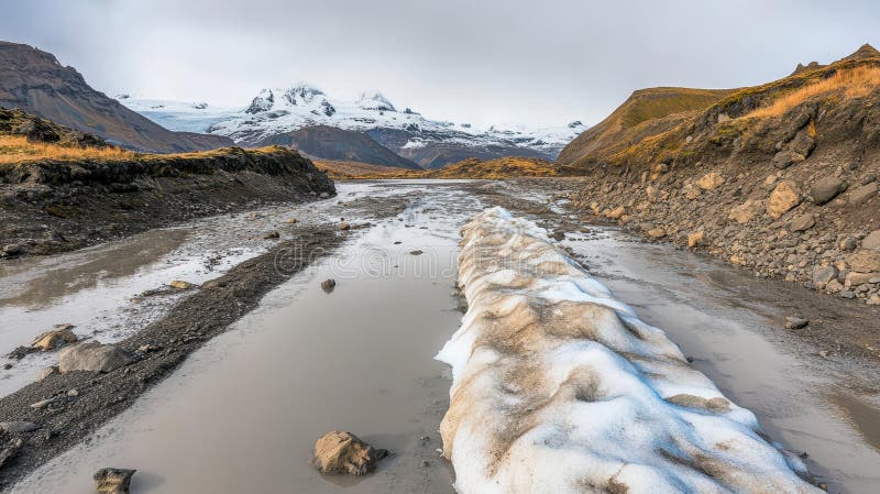 Melting Glacier Creates River Flowing through Icelandic Landscape Stock ...