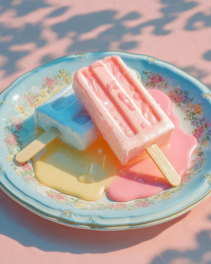 Melting Glitter Popsicles on Pastel Plate Stock Illustration ...