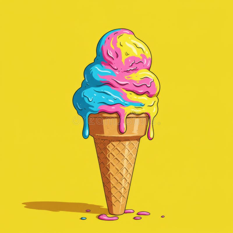 Melting Ice Cream Cone with Blue Pink Yellow Drips on Yellow Background ...