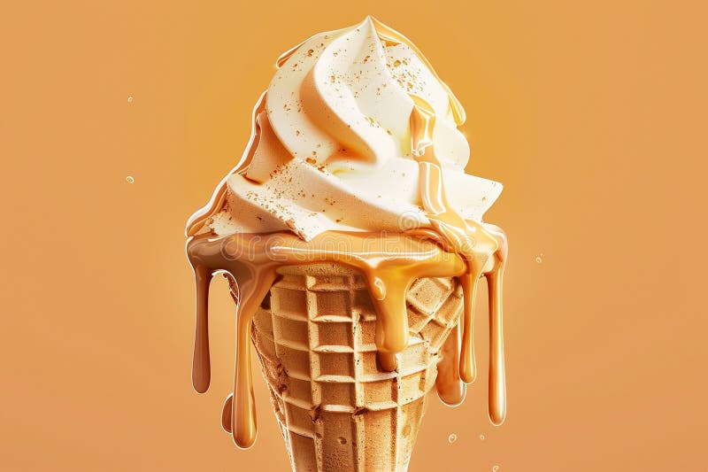 Melting Ice Cream Cone With Caramel Drizzle Stock Illustration